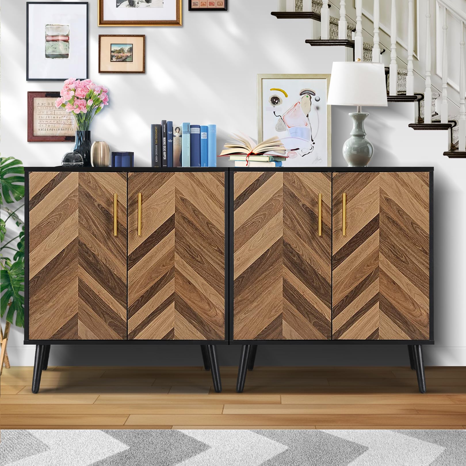 AMZOOM Accent Cabinet, Black Storage Cabinet with Doors Mid Century Modern Sideboard Buffet Cabinet with Storage Shelves Small Wood Accent Cabinets for Living Room Entryway Office, Brown Herringbone