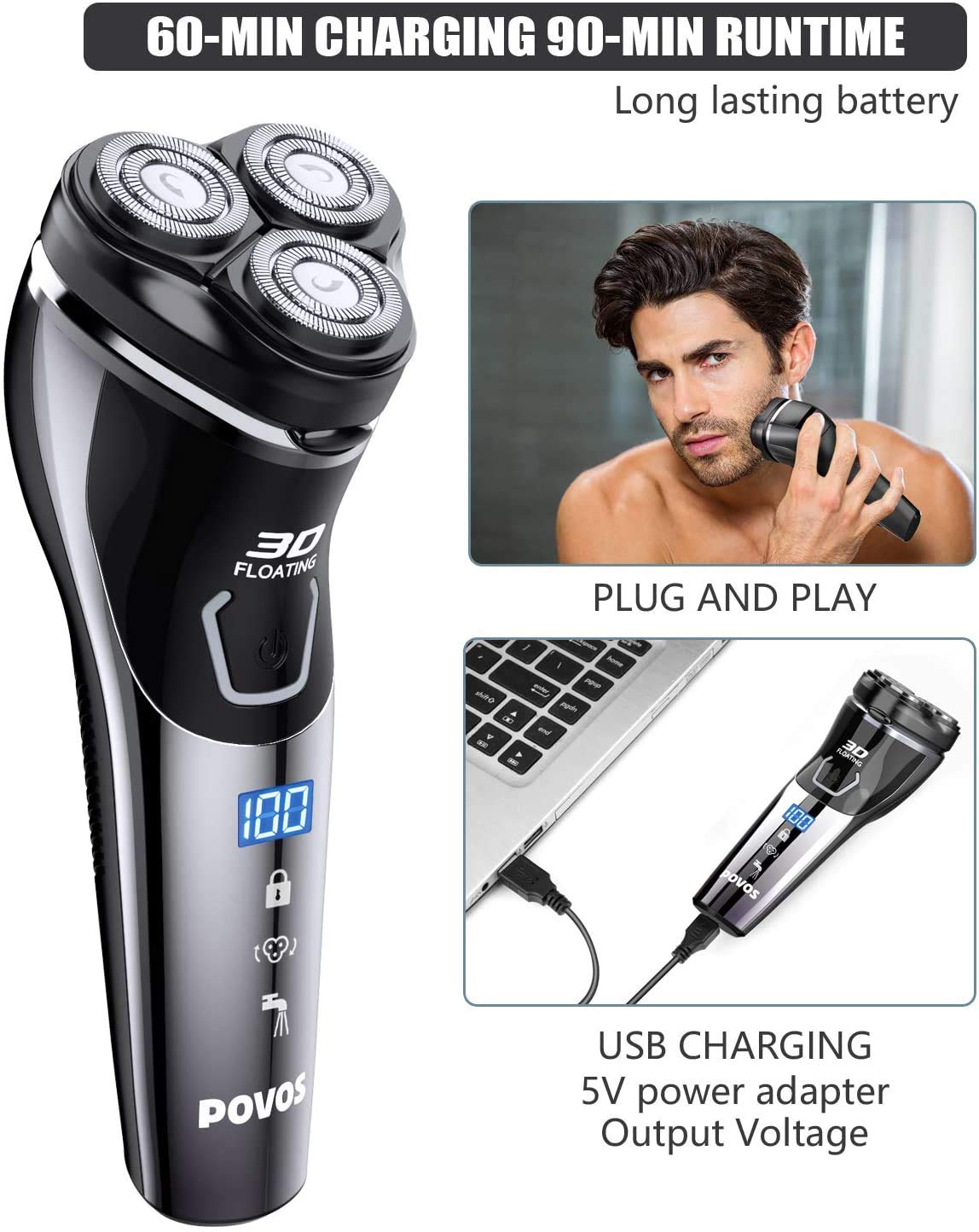 POVOS Electric Razor for Men, Quick Rechargeable Wet and Dry IPX7 Waterproof Electric Shaver,Men’s 3D Rotary Shaving Razor with Pop-up Beard Trimmer,LCD Display, Replacement Blades, and Travel Case