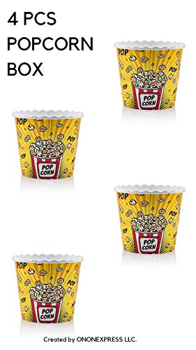 ONONEXPRESS Modern Style Reusable Plastic Popcorn Box/Popcorn Containers/Popcorn Bowls Set for Movie Theater Night - (BPA Free - YELLOW 4 Pack-75 oz)