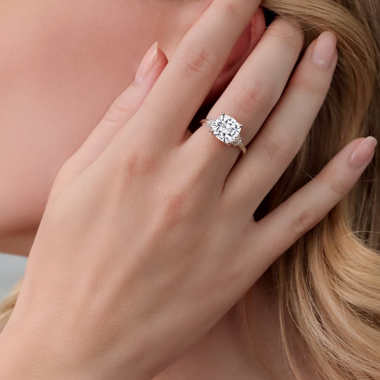 925 Sterling Silver Forever Classic Moissanite from Charles & Colvard Engagement Ring For Women (5.29 Cttw, Cushion 10MM, Available in size 5, 6, 7, 8, 9)