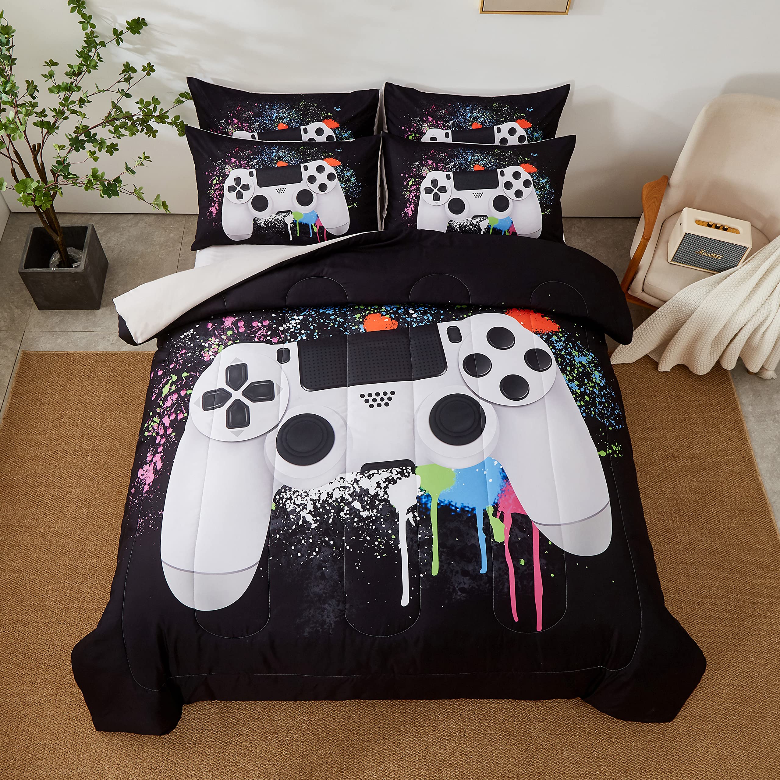 akkialla Gamer Bedding Sets for Boys, Queen Size 3-Piece Gaming Comforter Sets for Kids Teens, Soft Microfiber Video Game Bedding Sets for Game Lovers, 1 Comforter and 2 Pillowcase(White,Queen)