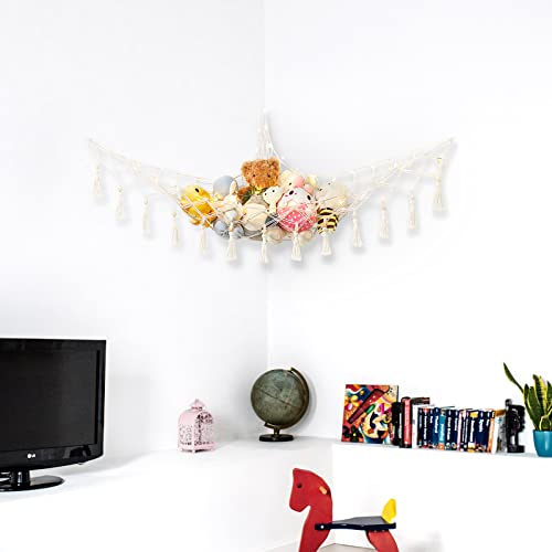 Dahey Stuffed Animal Storage Net Hammock and Macrame Hanging Shelf for Nursery Bedroom Bathroom Living Room Dorm Room
