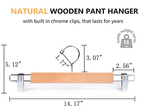 Amber Home 14.17" Solid Natural Wooden Pant Skirt Hangers 10 Pack, Bottom Hangers for Slacks Trousers Jeans with 2-Adjustable Anti-Rust Clips (Natural, 10 Pack)