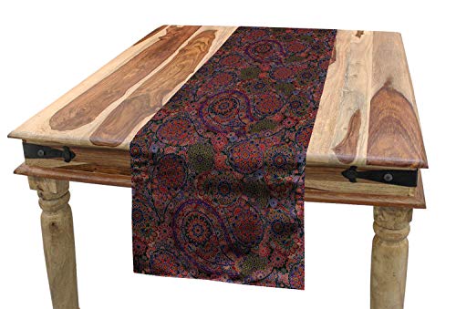 Ambesonne Ethnic Table Runner, Leaves with Details South Oriental Inspired Paisley Retro Art, Dining Room Kitchen Rectangular Runner, 16" X 90", Burgundy Green