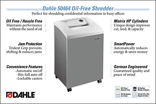 Dahle 50464 Oil-Free Paper Shredder w/Jam Protection, SmartPower, German Engineered, 24 Sheet Max, Security Level P-4, 3-5 Users