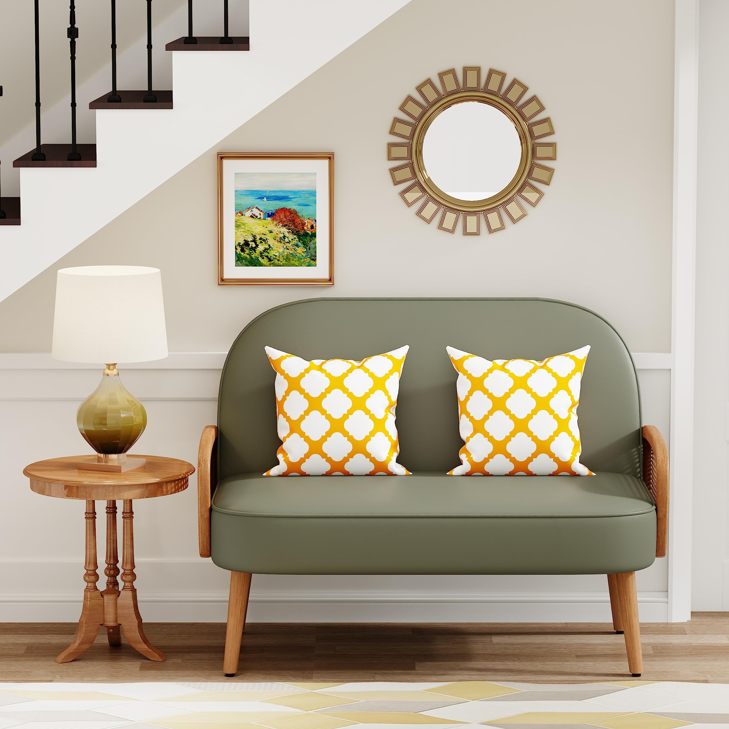 Aklaus 45" W Faux Leather Small loveseat with Natural Rattan Arms,Upholstered Modern Mini Sofa Couch Love Seat Settee Bench with Back for Living Room Bedroom Office Small Space Entryway Green