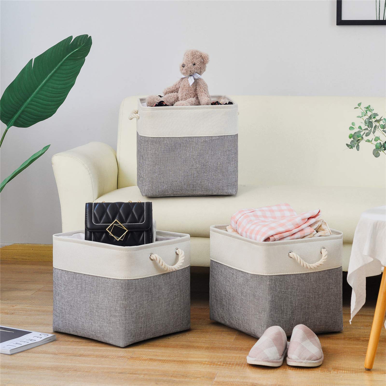 FAGlSAK Large Foldable Storage Bin 13" X 13" Storage Basket Organizer Basket Shelf Cube with Sturdy Cotton Carry Handles for Baby Nursery Closet Shelves Organization (White&Grey, Set of 3)