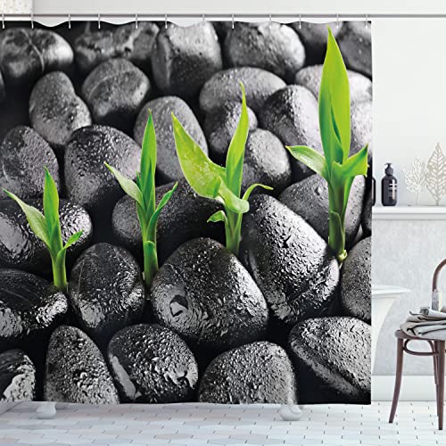 Ambesonne Plant Shower Curtain, Basalt Stones with Bamboo Leaves Sticking Water Droplets Harmony of Nature, Cloth Fabric Bathroom Decor Set with Hooks, 69" W x 75" L, Dark Taupe Lime Green