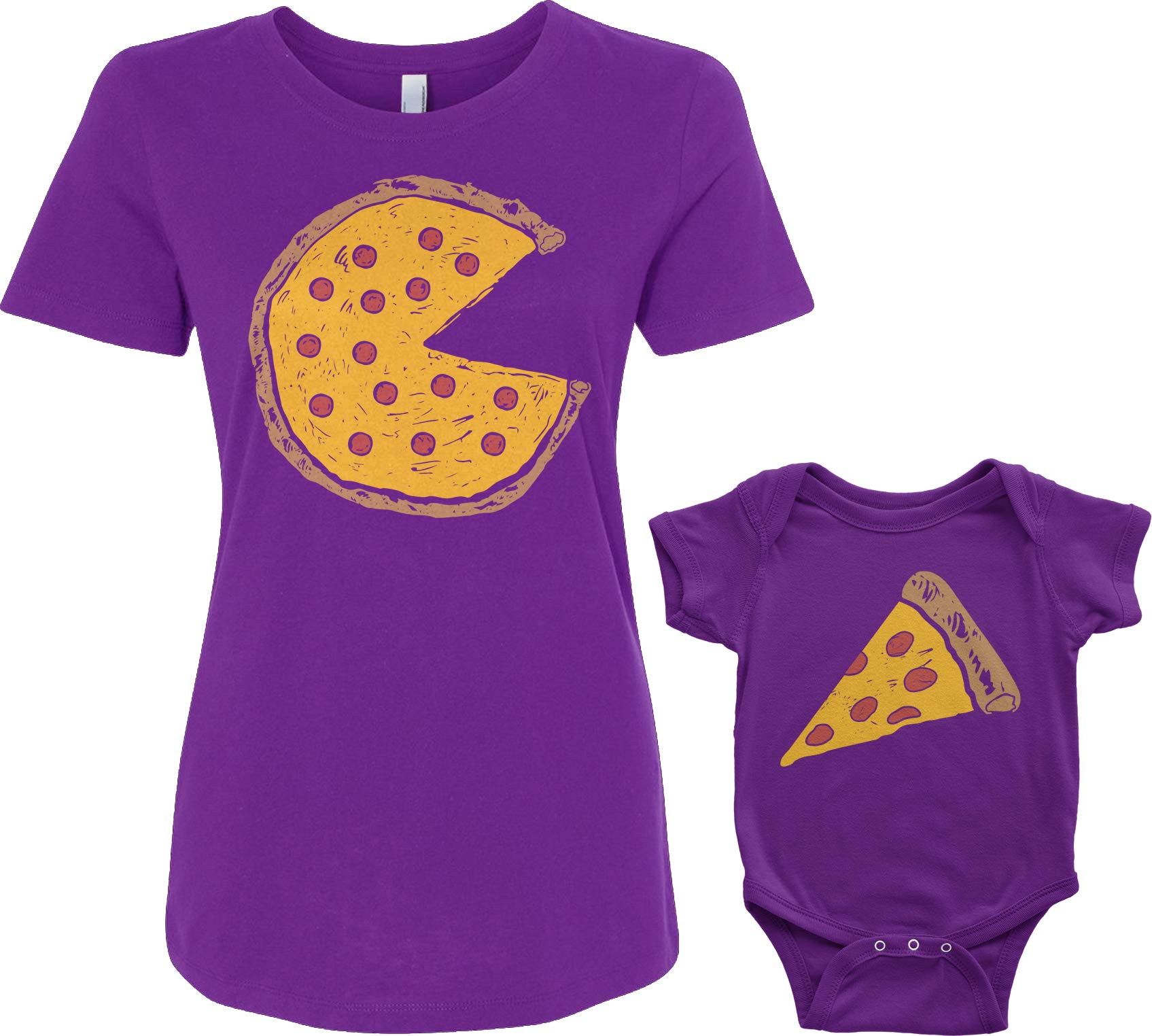 Pizza Pie & Slice Infant Bodysuit & Women's T-Shirt Matching Set (Baby: 12M, Purple|Women's: L, Purple)