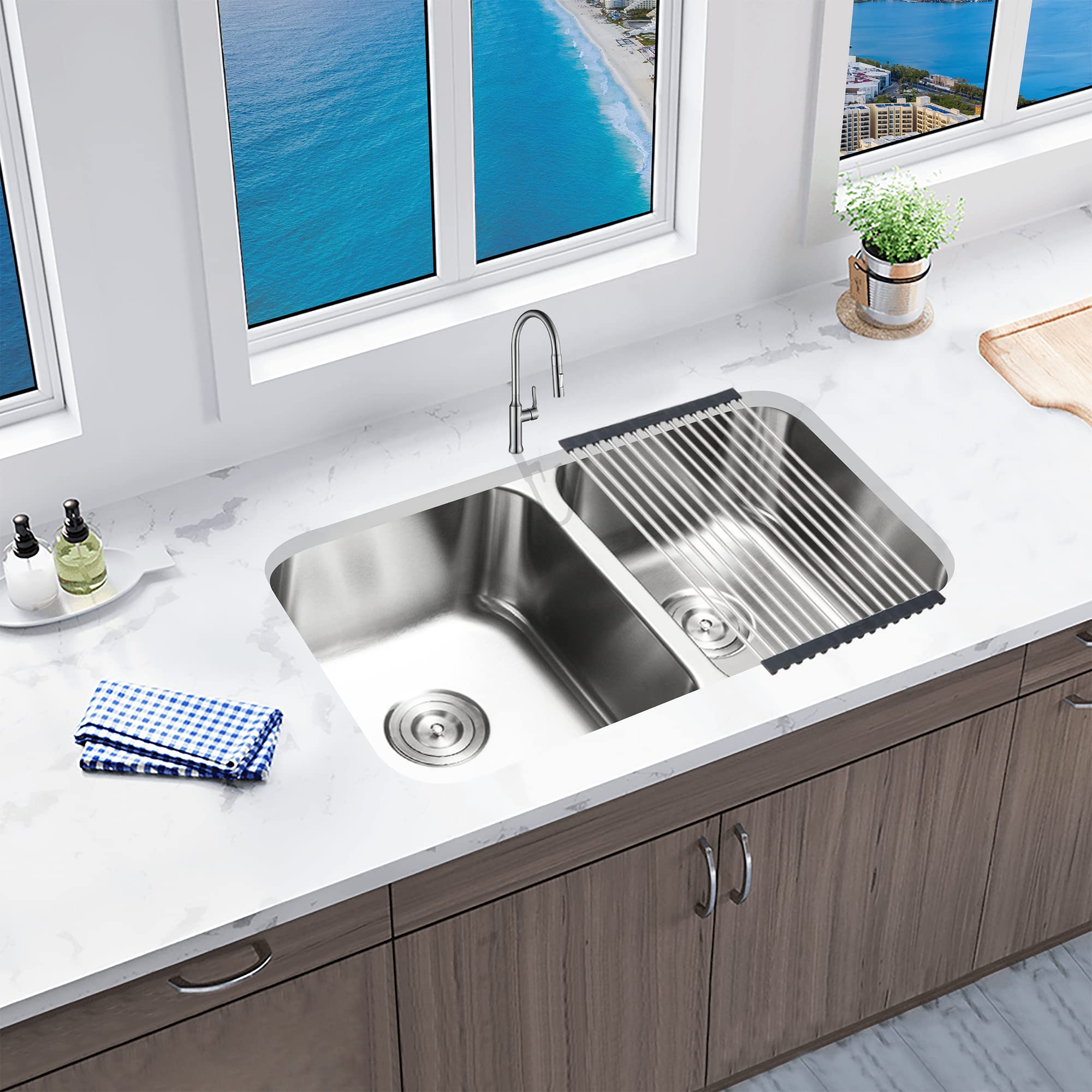 KABCO 32 Inch Big Double Equal Bowl Stainless Steel Classic Kitchen Sink, Rust Sound and Heatproof Undermount Sink with Sink Strainers, Removable Baskets, Sink Grids, and a Rolling Up Grid