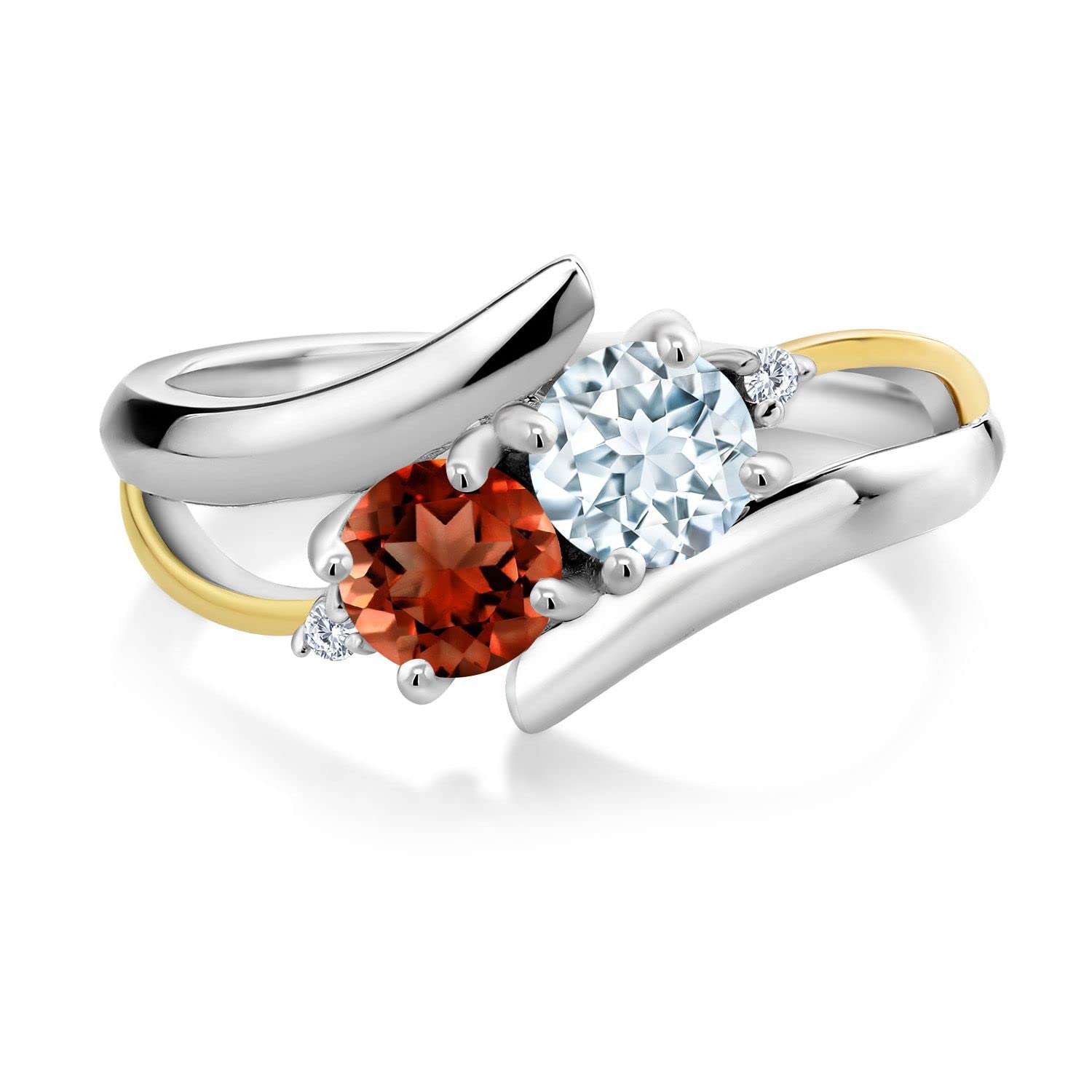 925 Sterling Silver and 10K Yellow Gold Sky Blue Aquamarine Red Garnet and White Lab Grown Diamond 2 Stone Crossover Ring For Women (1.52 Cttw, Gemstone Birthstone, Available in size 5, 6, 7, 8, 9)