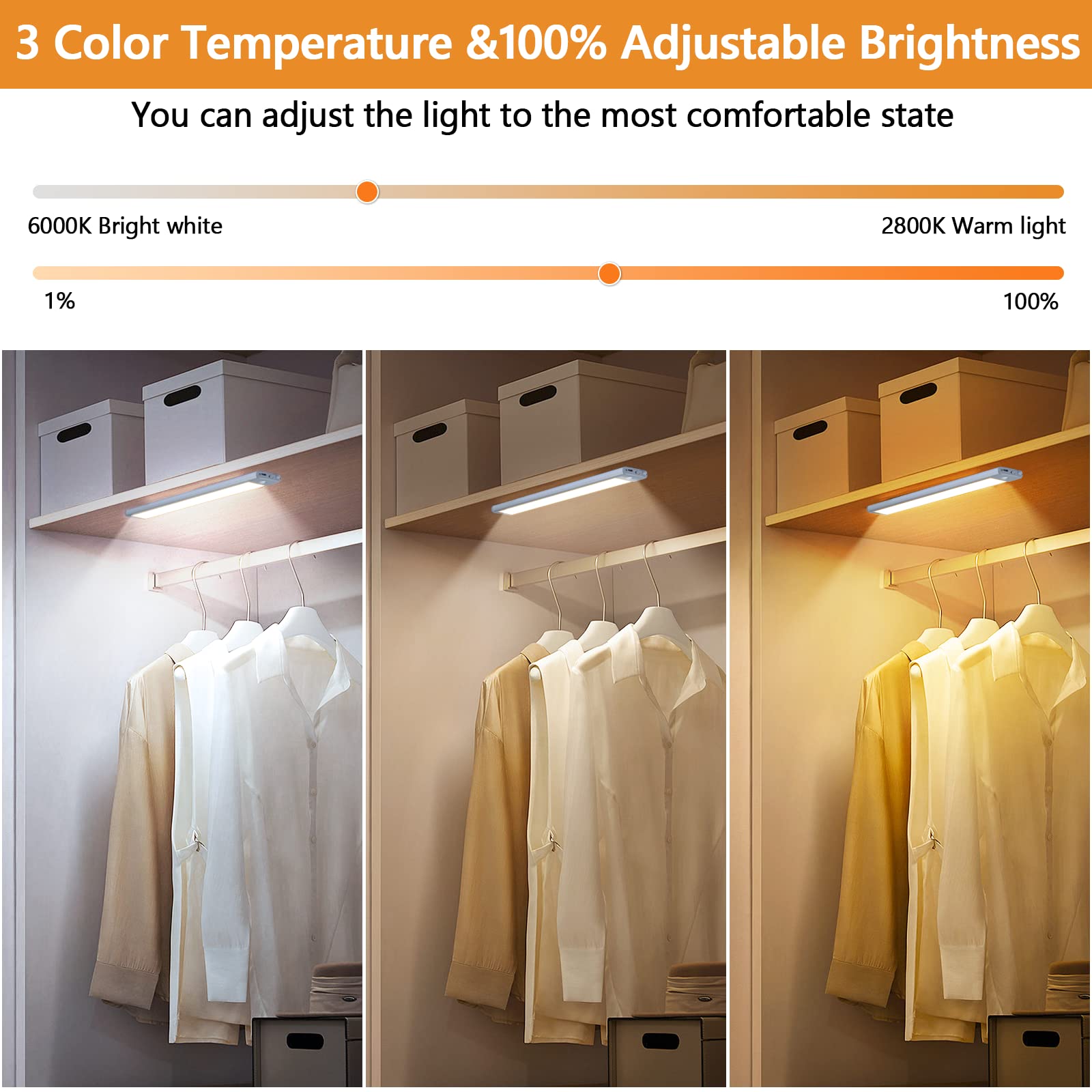 60 LED Dimmable Under Cabinet Lights 2 Packs, 3 Color Temps 2500mAh Rechargeable Motion Sensor Light, Indoor Wireless Magnetic Closet Lights, Night Lights for Kitchen Bedroom Stair Pantry Wardrobe