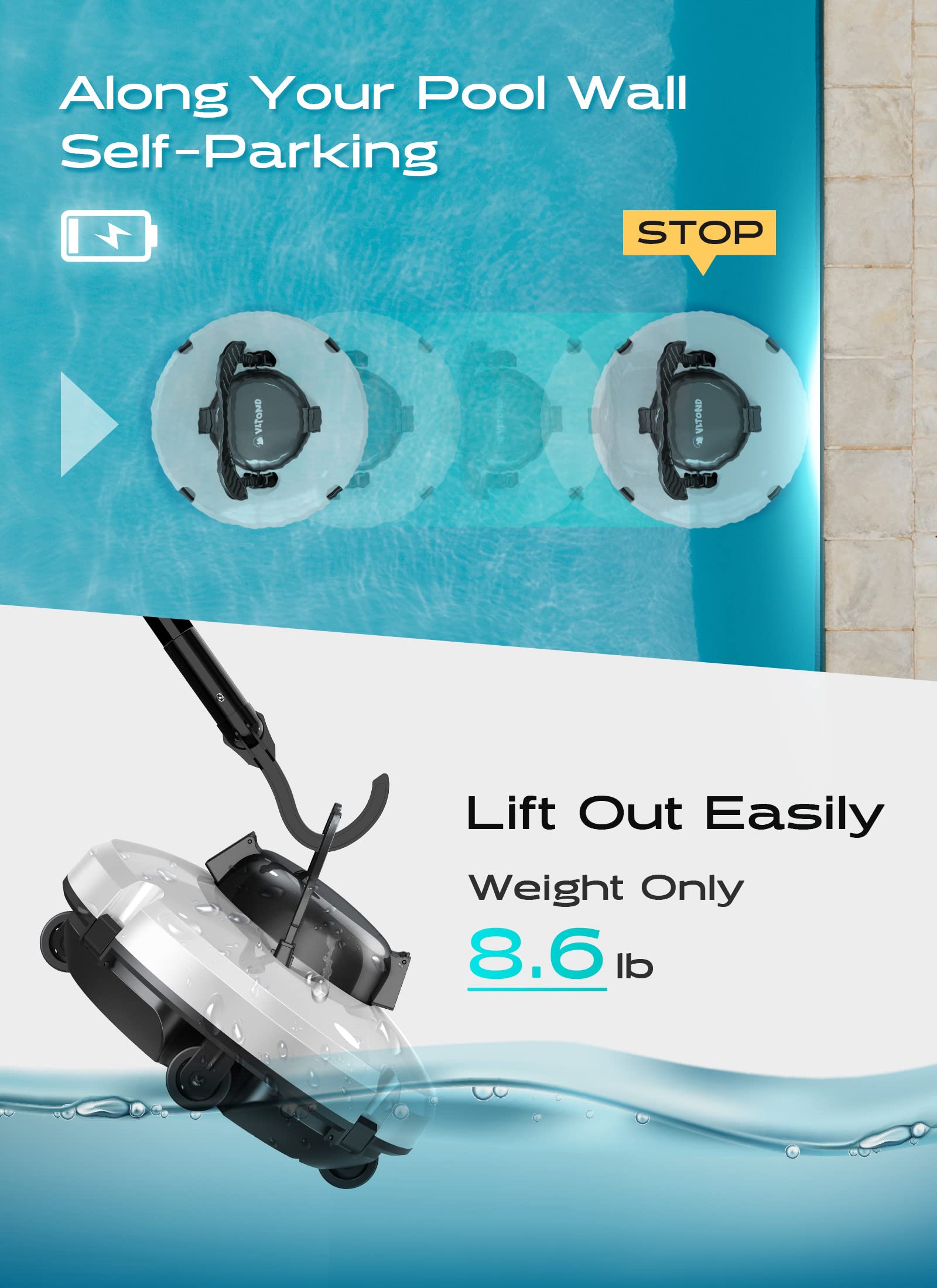 ππππ ππ©π π«ππππ Cordless Pool Vacuum -γUp to πππ Minsγ Robot Pool Vacuum Cleaner for Above Ground/Inground PoolγEnhanceγ 5200mAh Batteryγ2-Motorγ Suction for Flat Pool Up 650
