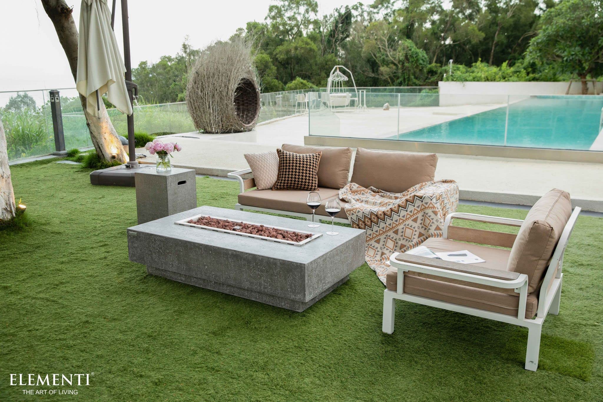 AMS Fireplace | Elementi | Large Rectangular Natural Gas Fire Pit Table | Free Bio-Ethanol Tabletop Lantern | With Canvas Cover, Lava Rocks, and Gas Key Valve | Fuel: Natural Gas, Hampton - Light Grey