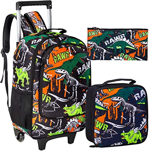 3PCS Rolling Backpack for Boys,Kids Dinosaur Bookbag with Roller Wheels, Suitcase School Bag Set for Toddler Elementary