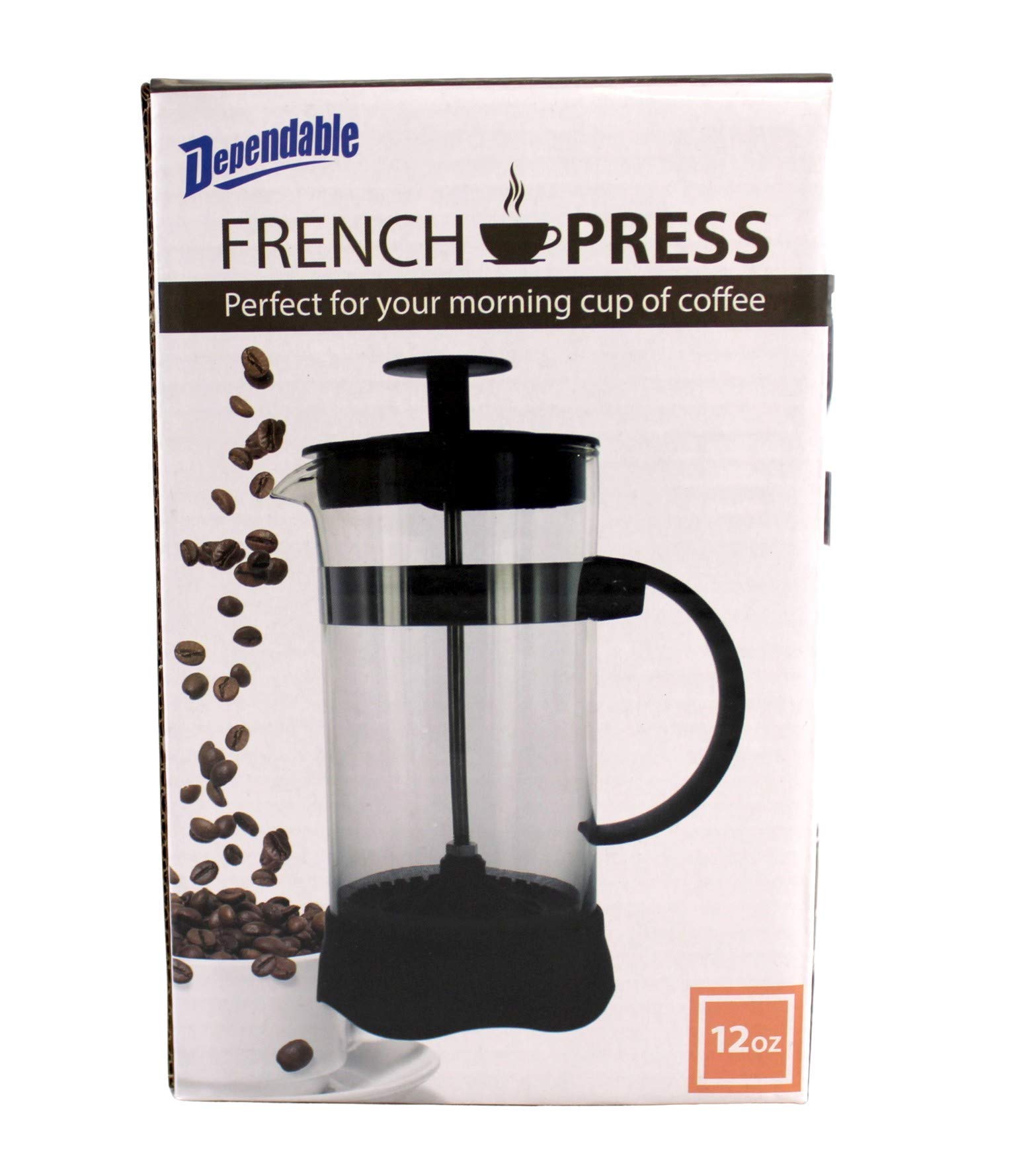 Dependable Industries inc. Essentials 12 Ounce Glass French Press Coffee & Tea Brewer - Single Cup, 3 Cup Espresso Compact, Durable, Easy to Use