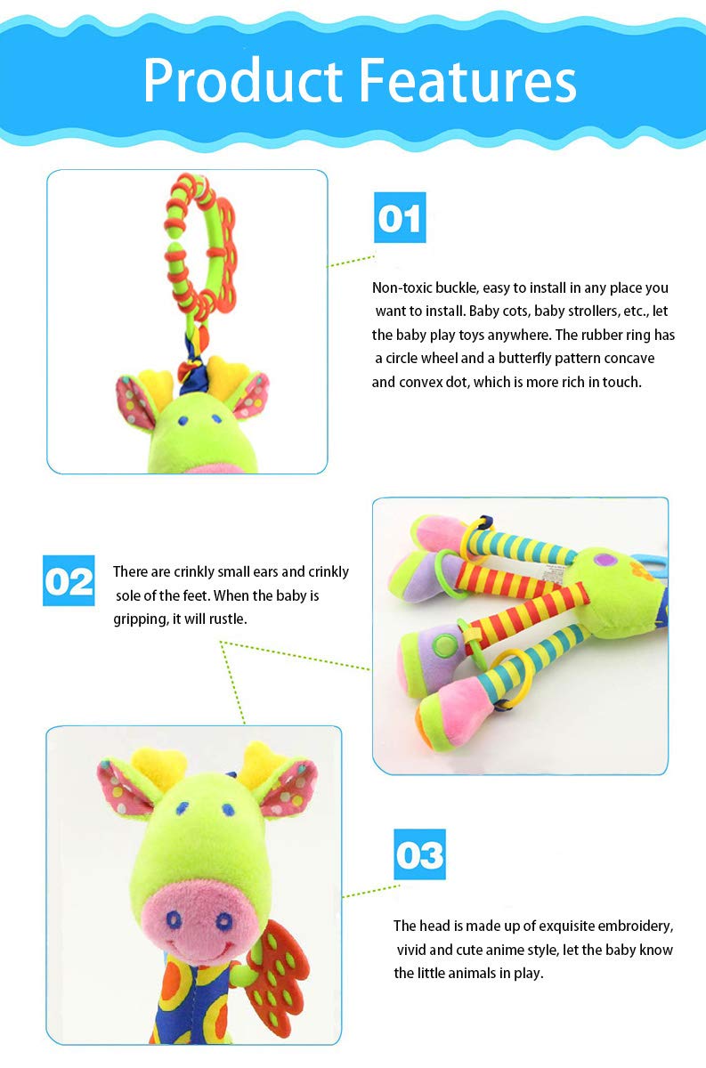 RichChoice Giraffe Baby Educational Toys (one Box:50 pcs):1-3-6-8 Month,1-2-3 Year Old Crib Bed,Car Seat, Stroller, Activity,Travel Hanging Toys;Kids Plush Portable Toys with Crinkle, Ring,Teetherā¦
