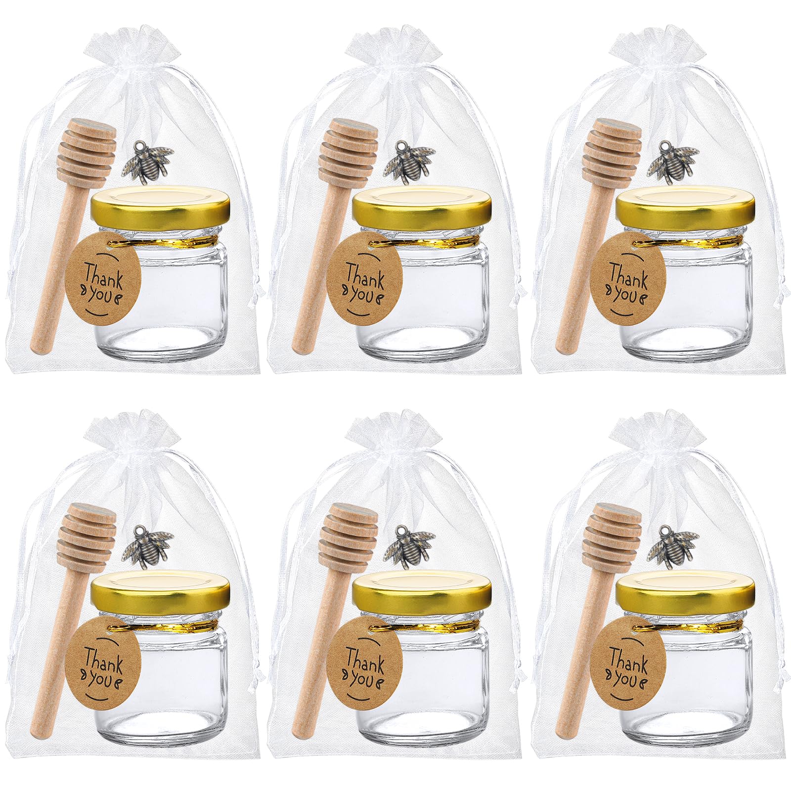 6 Pack 1.5 oz Mini Glass Honey Jars with Wood Dipper - Little Wedding Jars for Baby Shower Party Favors - Small Glass Favor Jars with Airtight Lids, Bee Pendant,Gift Bag, Gold Twist Tie and Tag