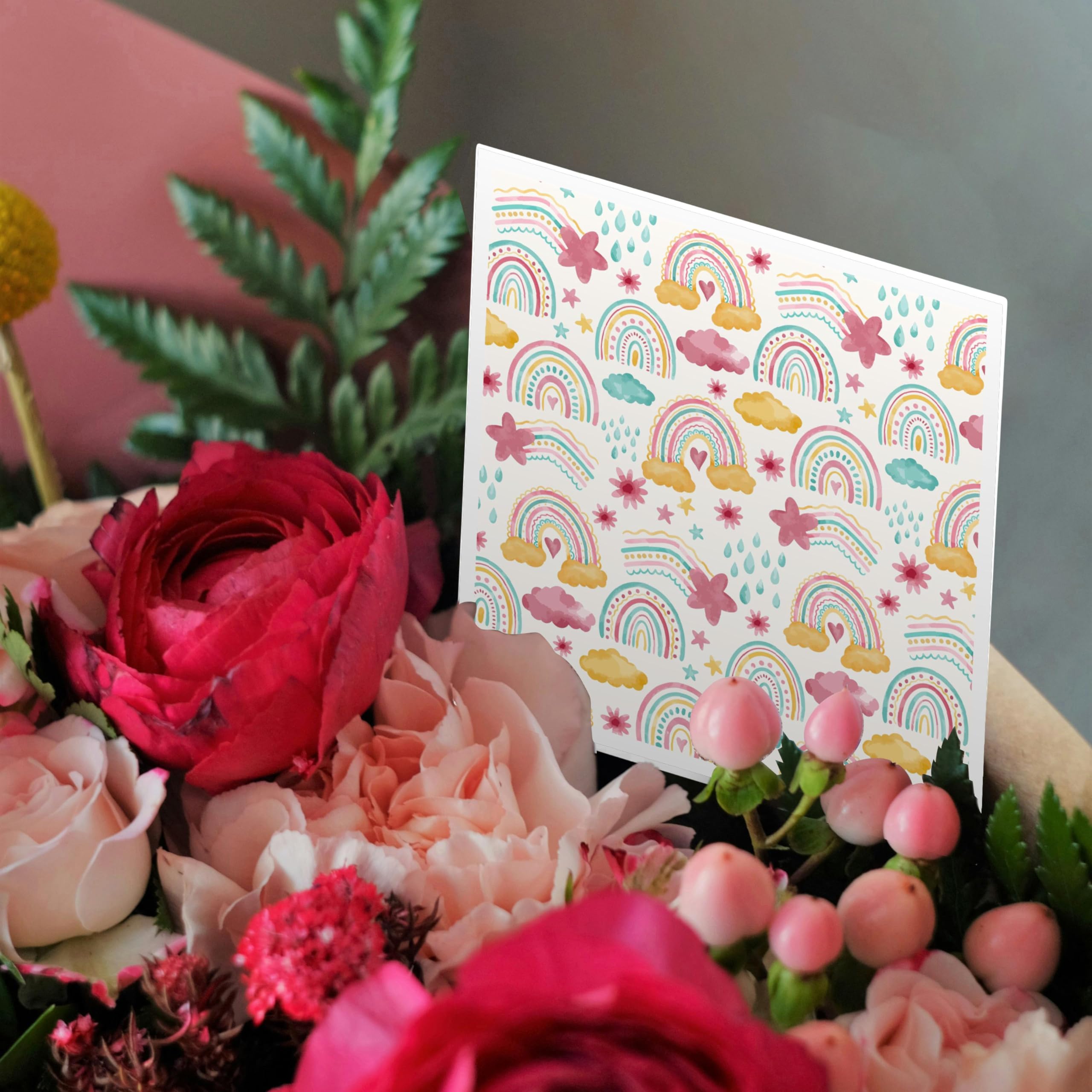 3dRose Greeting Card - rainbows, clouds, stars, raindrops, pink, aqua, yellow, cute, pattern - Patterns and Backgrounds