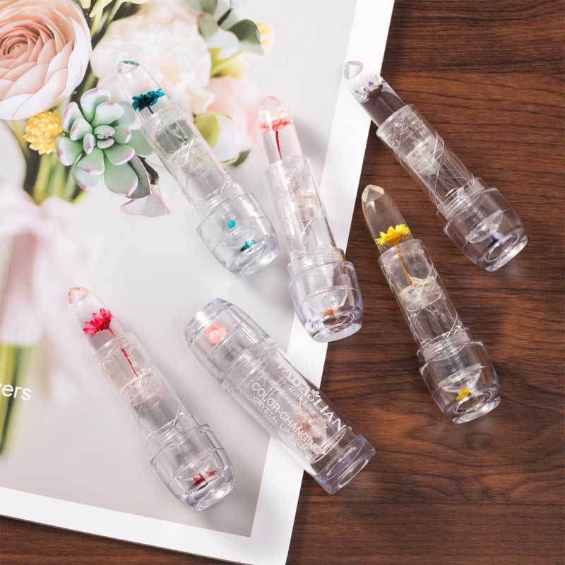 6PACK Clear Crystal Double Flower Jelly Lipstick Set,Magical Mood&Temperature&PH Color Changing Lip Blam, Long Lasting Moisturizing Nutritious Lip Balm and Lip Protection
