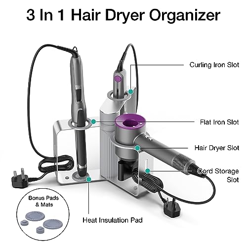GREENTEC Foldable Hair Dryer Holder, 3 in 1 Hairstyling Tools Organizer, Curing Wand Stand, Heat Resistant Organizer for Flat Iron, Stainless Steel Holder for Bathroom, Cabinet, Salon Station