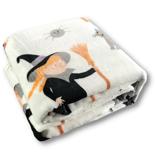 Halloween Throw Blanket: Cute Girl Witch with Faithful Cat Surrounded by Spiders and Bats Print on Fuzzy Soft Velvet Fleece Throw Blanket