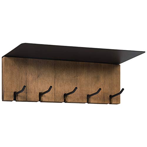 MyGift Entryway Shelf Rack with 5 Key Hooks, Wall-Mounted Burnt Solid Wood and Matte Black Decorative Shelf