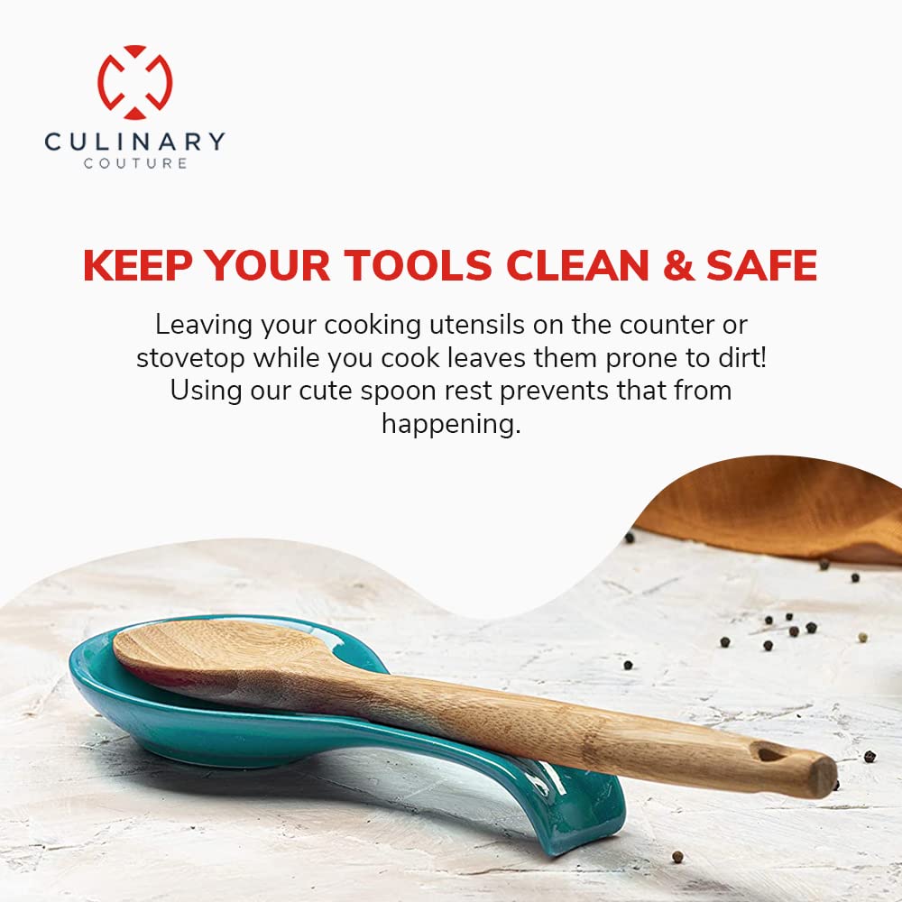 Culinary Couture Ceramic Spoon Rest - Set of 2 - Spoon Holder for Stove Top - Holds Large & Small Spoons, Tongs, Whisk, Ladle & Spatula - Easy to Clean & Dishwasher-Safe - Cooking Accessories - White