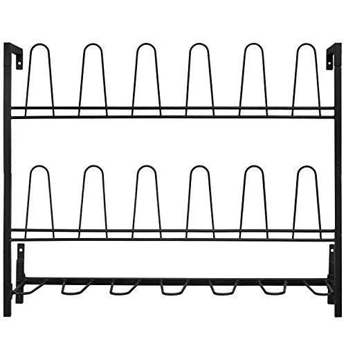 MyGift Premium Black Metal Hanging Wall Shoe Rack for Walk in Closet, Mudroom and Entryway, Wall Mounted Space Saving Boot and Shoe Rack Organizer, Holds 9 Pairs