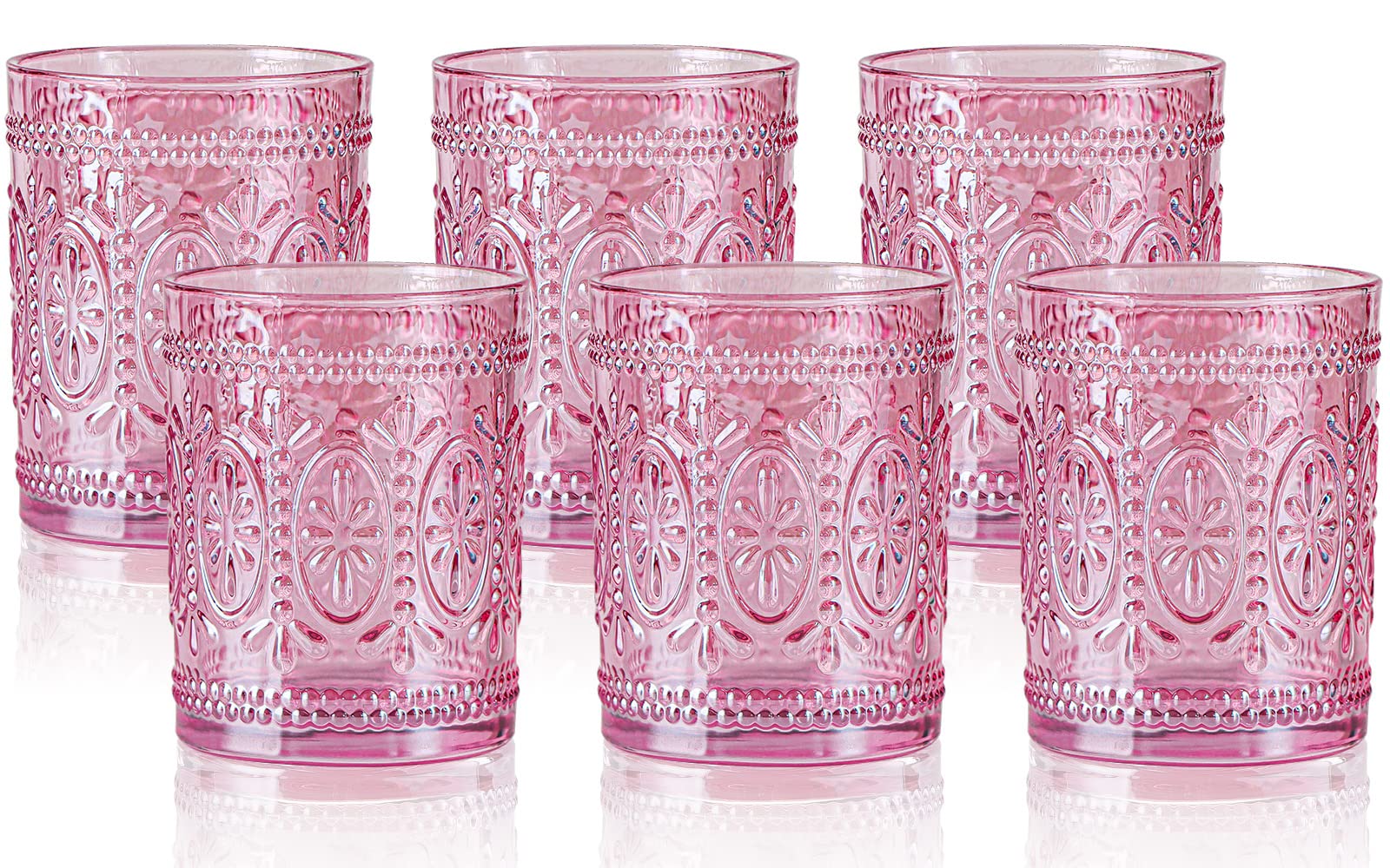6 Pack Pink Vintage Glassware Set, 10oz Romantic Drinking Glasses, Colored Water Glasses, Pink Embossed Glass Cups for Juice, Cocktails, Beer, Iced Tea, Soda
