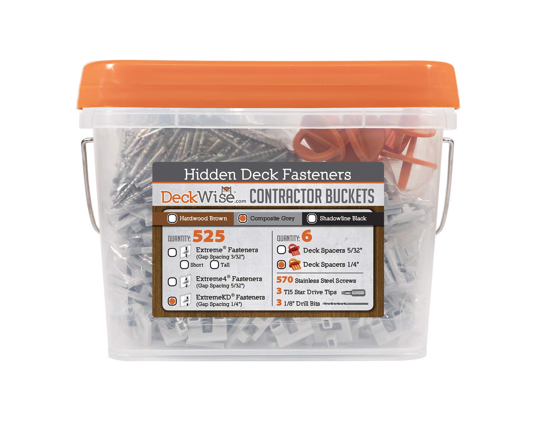 DeckWise (Grey) Ipe Clip EXTREMEKD Hidden Deck Fasteners, 1/4" Spacing, Stainless Steel Black #8x2" Trim-Head Screws for 300 Sq. Ft. of KD Hardwood, Thermal or Composite Decks (525 Bucket)