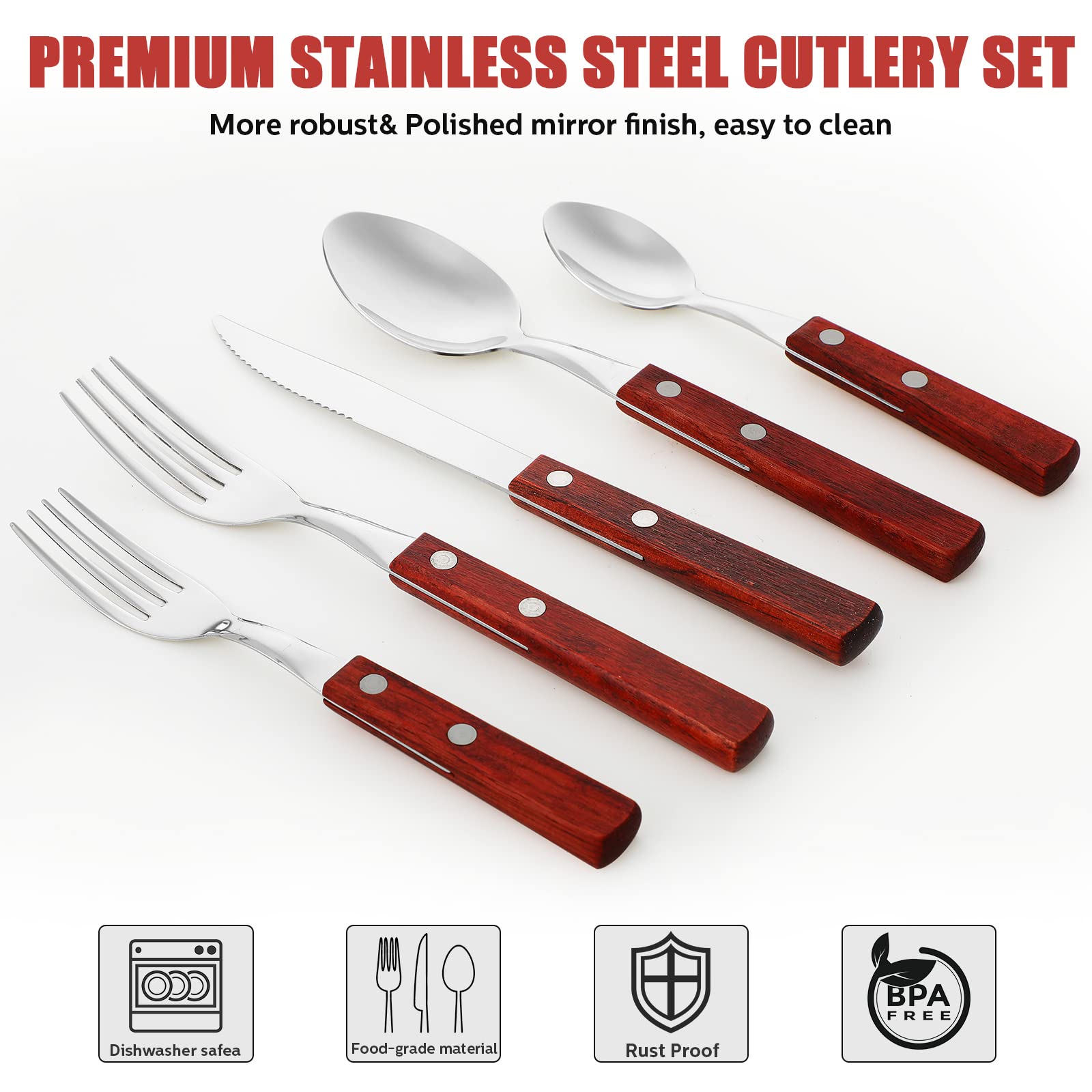 40 Pcs Wooden Handle Silverware Cutlery Set Walnut Handle 18/8 (304) Stainless Steel Cutlery Set Wooden Handle Knife Fork Spoon Reusable Utensils Serves for 8 (Mahogany Color)