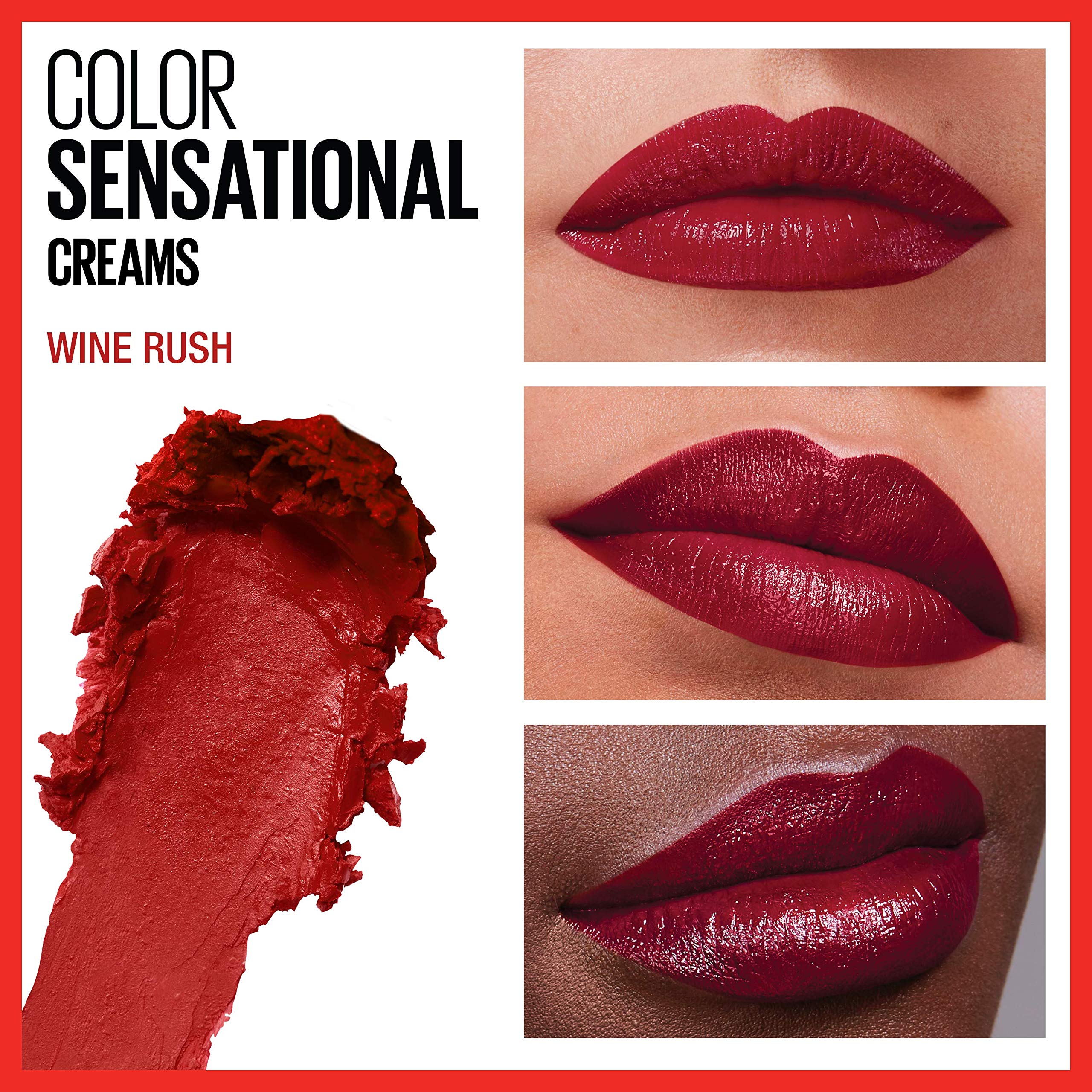 Maybelline Color Sensational Lipstick, Lip Makeup, Cream Finish, Hydrating Lipstick, Nude, Pink, Red, Plum Lip Color, Wine Rush, 0.15 oz; (Packaging May Vary)