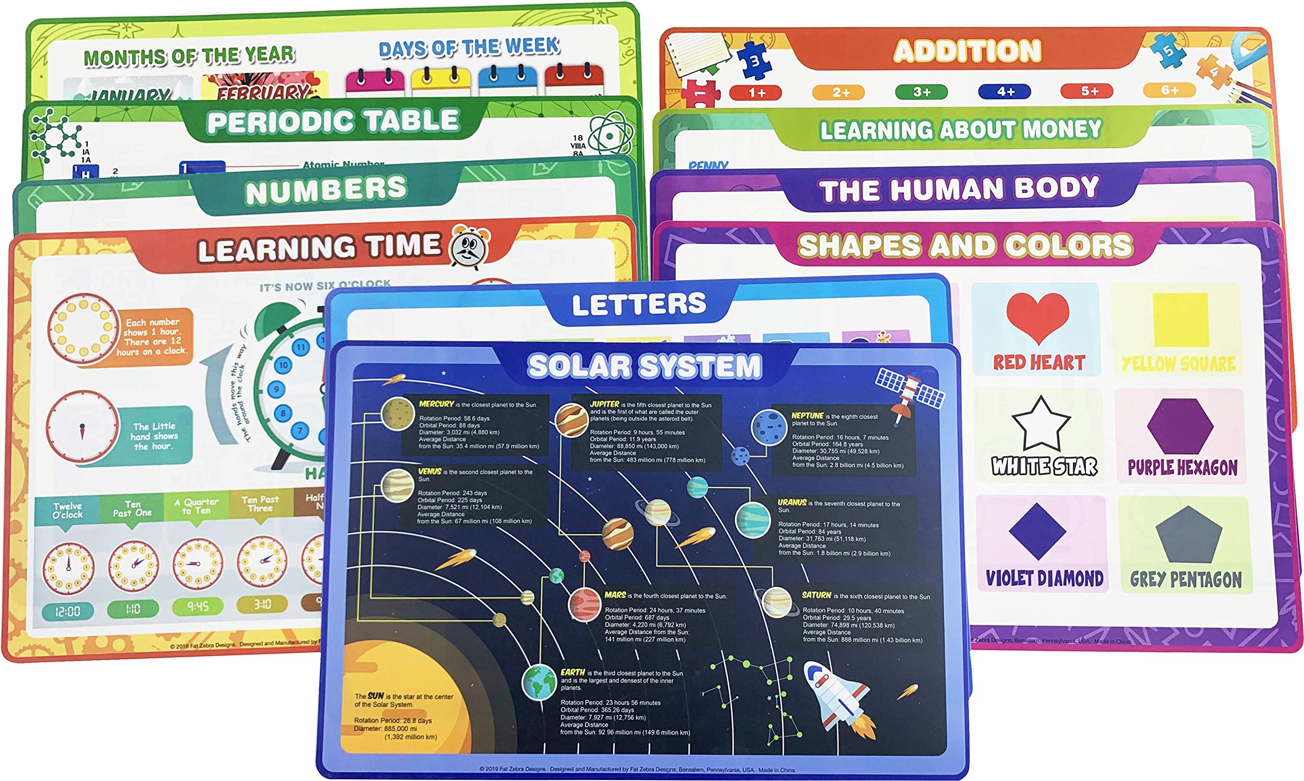Fat Zebra Designs Educational Placemats - Set of 10 Learning Placemats - Easy Clean, Durable & Reusable Kids Table Mats - 12x17 Inches