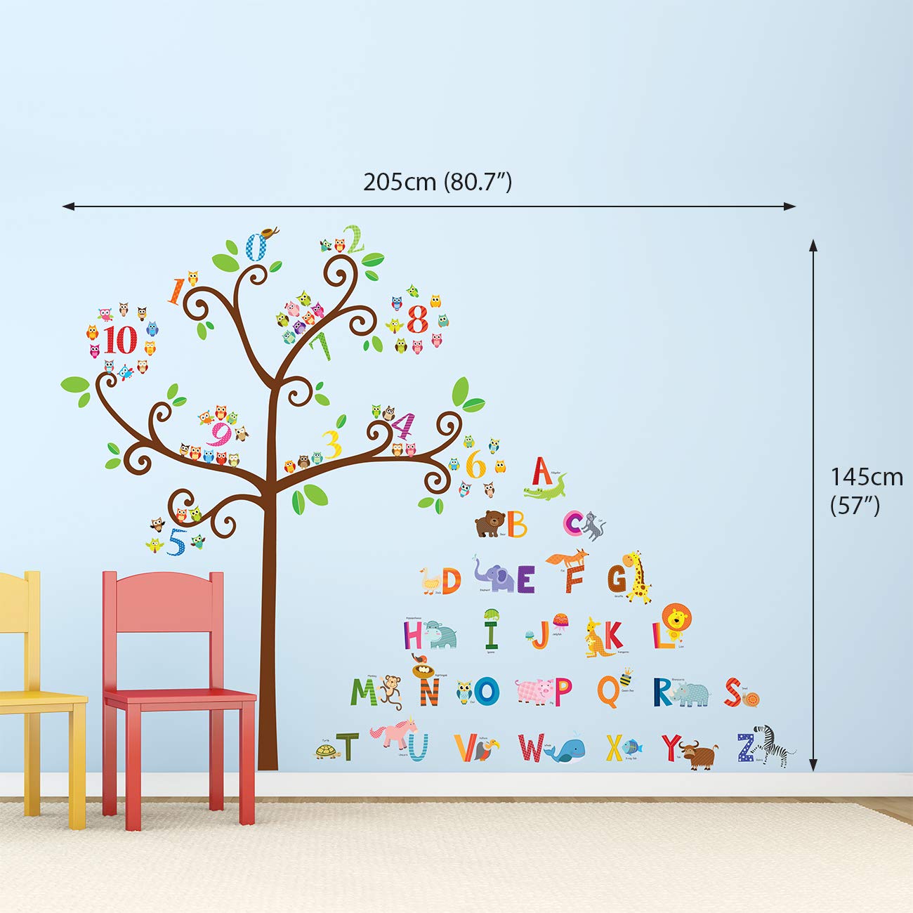 DECOWALL DA-1503 Animal Alphabet ABC and Owl Numbers Tree Kids Wall Stickers Wall Decals Peel and Stick Removable Wall Stickers for Kids Nursery Bedroom Living Room décor