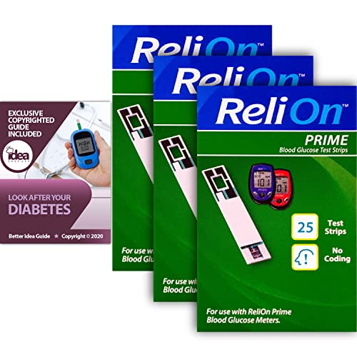 ReliOn Prime Blood Glucose Test Strips, 25 Ct (3 Pack) Bundle with Exclusive Look After Your Diabetes - Better Idea Guide (4 Items)