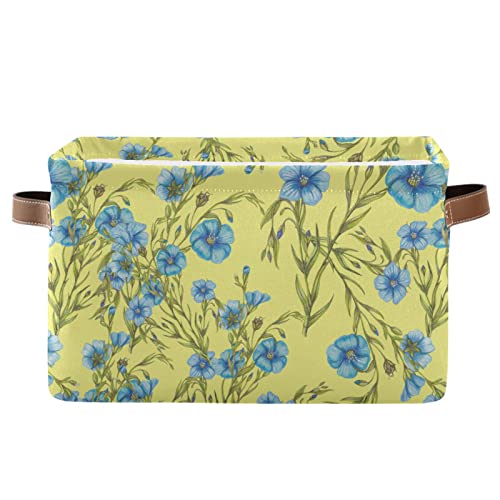 ALAZA Blue Flax Flowers on Yellow Background Storage Basket for Shelves for Organizing Closet Shelf Nursery Toy, Fabric Collapsible Storage Organizer Bins Decorative Baskets with Handles Cubes