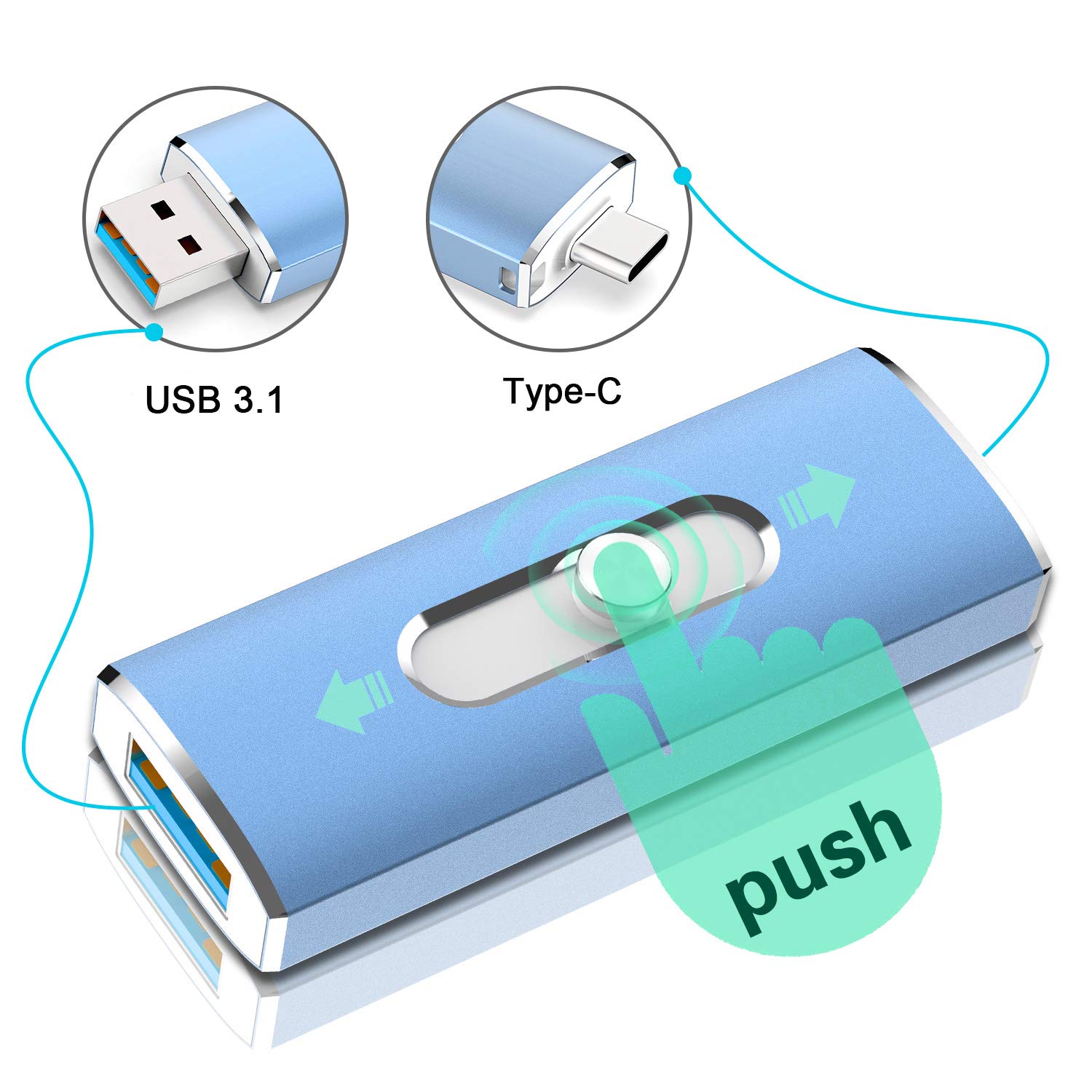 USB C Flash Drive Aiibe 128GB USB 3.1 Flash Drive Dual Drive USB Type-C Thumb Drive 128GB 128G USB C Drive Speeds Up to 350MB/s - Blue