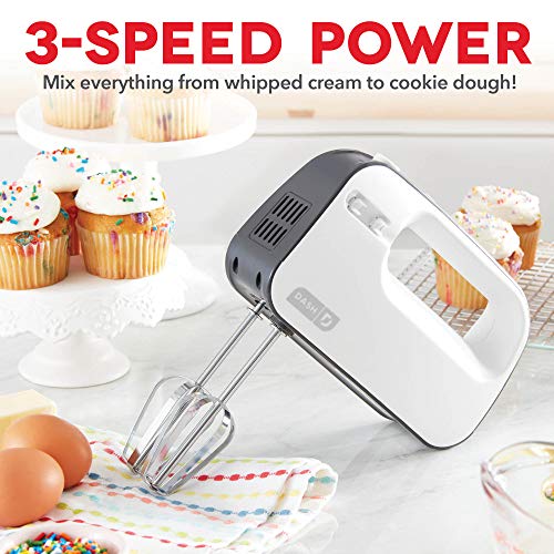 Dash SmartStore™ Deluxe Compact Electric Hand Mixer + Whisk and Milkshake Attachment for Whipping, Mixing Cookies, Brownies, Cakes, Dough, Batters, Meringues & More, 3 Speed, 150-Watt – Grey