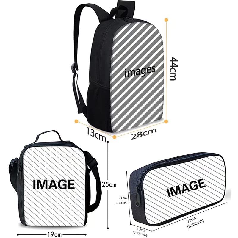 AmzPrint Ice Hockey 3 In 1 School Backpack Set 17 Inch Black Shoulder Student Backpack Insulated Lunch Box Pencil Bag Set