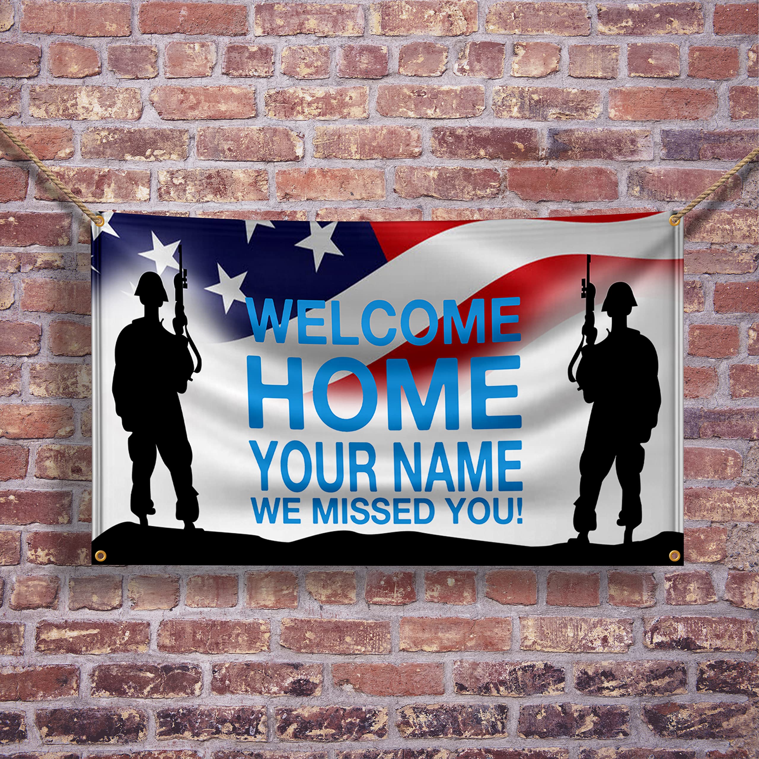 BannerBuzz Vinyl Banner, Welcome Home We Missed You Soldier, PVC Flex, 11 oz, Hemmed Edges with Grommets, Single Sided Print, Full Color 600DPI Eco Solvent Printing (10' W X 4' H)