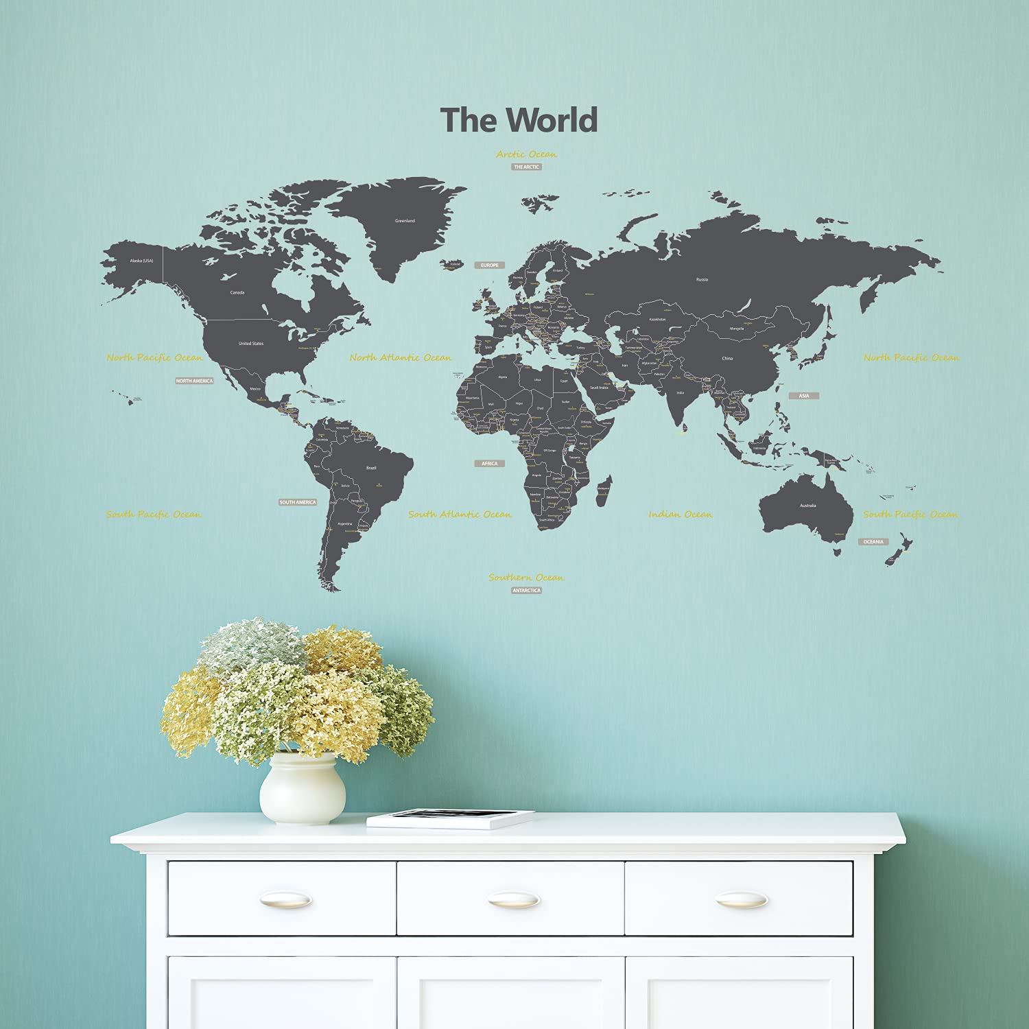 DECOWALL DL2-1509G Large Modern Grey World Map Kids Wall Stickers (46x27 inch) Wall Decals Peel and Stick Removable Wall Stickers for Kids Nursery Bedroom Living Room Decor