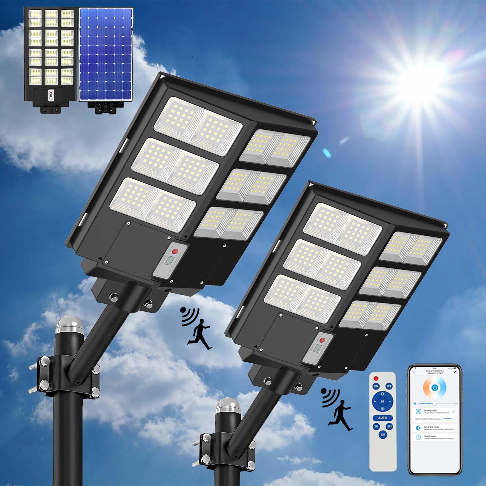WaitScher Solar Street Lights Outdoor Dusk to Dawn, 1000W Flood Light with App 150000LM Motion Sensor Light Waterproof 2 Packs