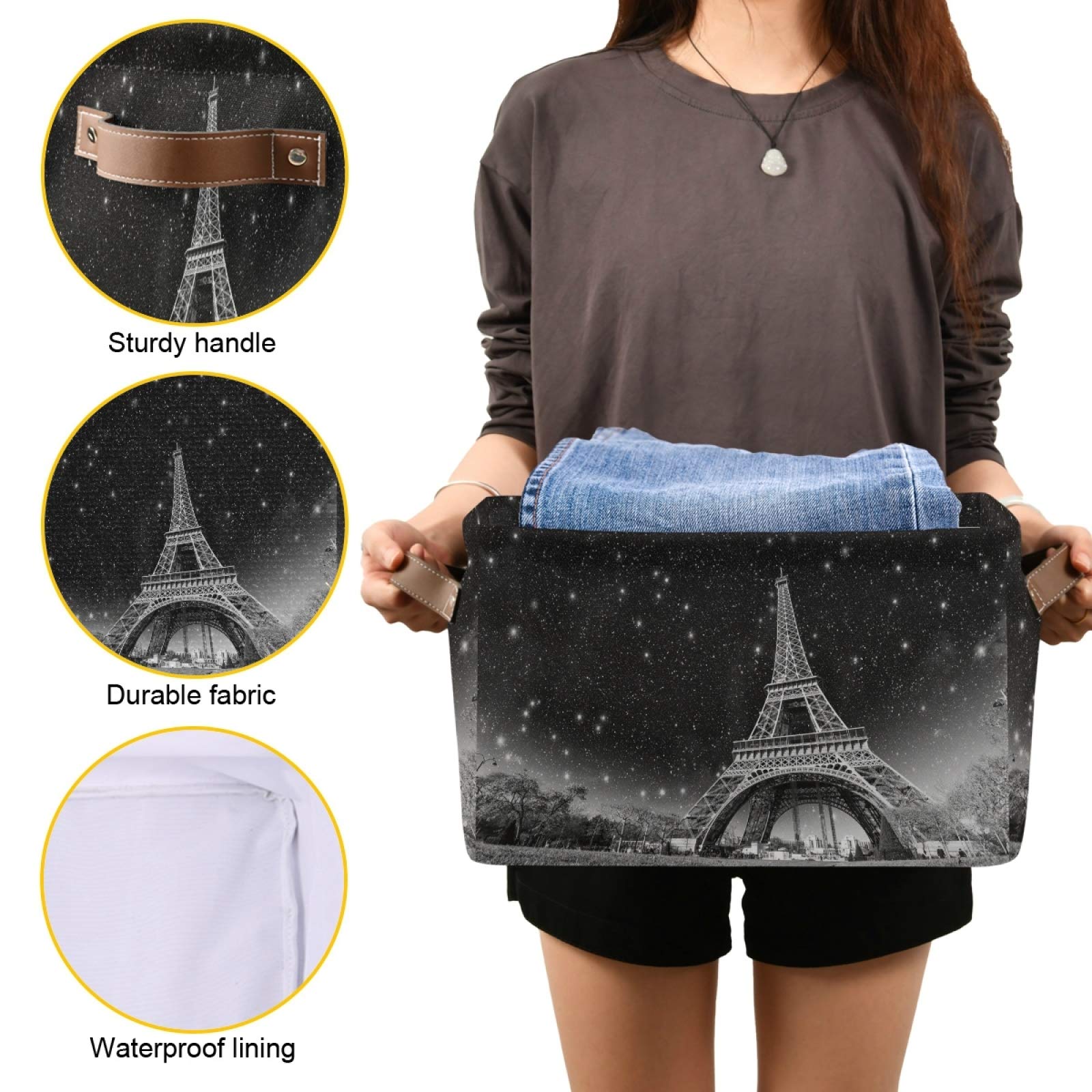 ALAZA Foldable Storage Bins, Wonderful Night View of Eiffel Tower in Paris Storage Boxes Closet Shelf Organizer for Bedroom Nursery Closet Toys Books