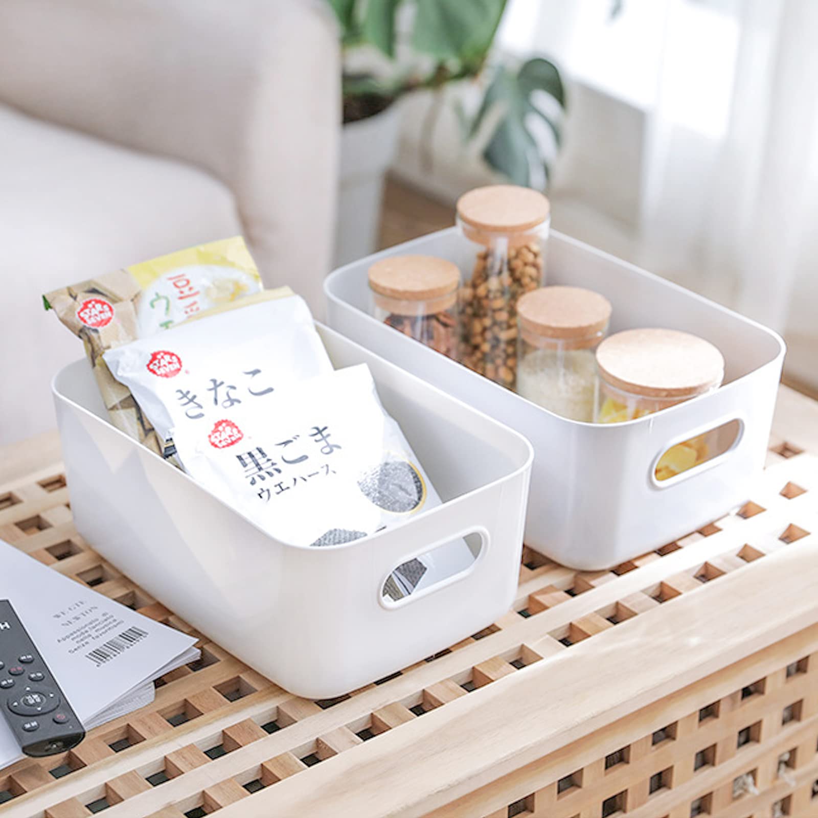 FEOOWV Small Plastic Storage Baskets, 8 Pack, White, Portable, Stackable, Multipurpose, BPA Free, Ideal for Pantry, Fridge, Closet, Bedroom, Office