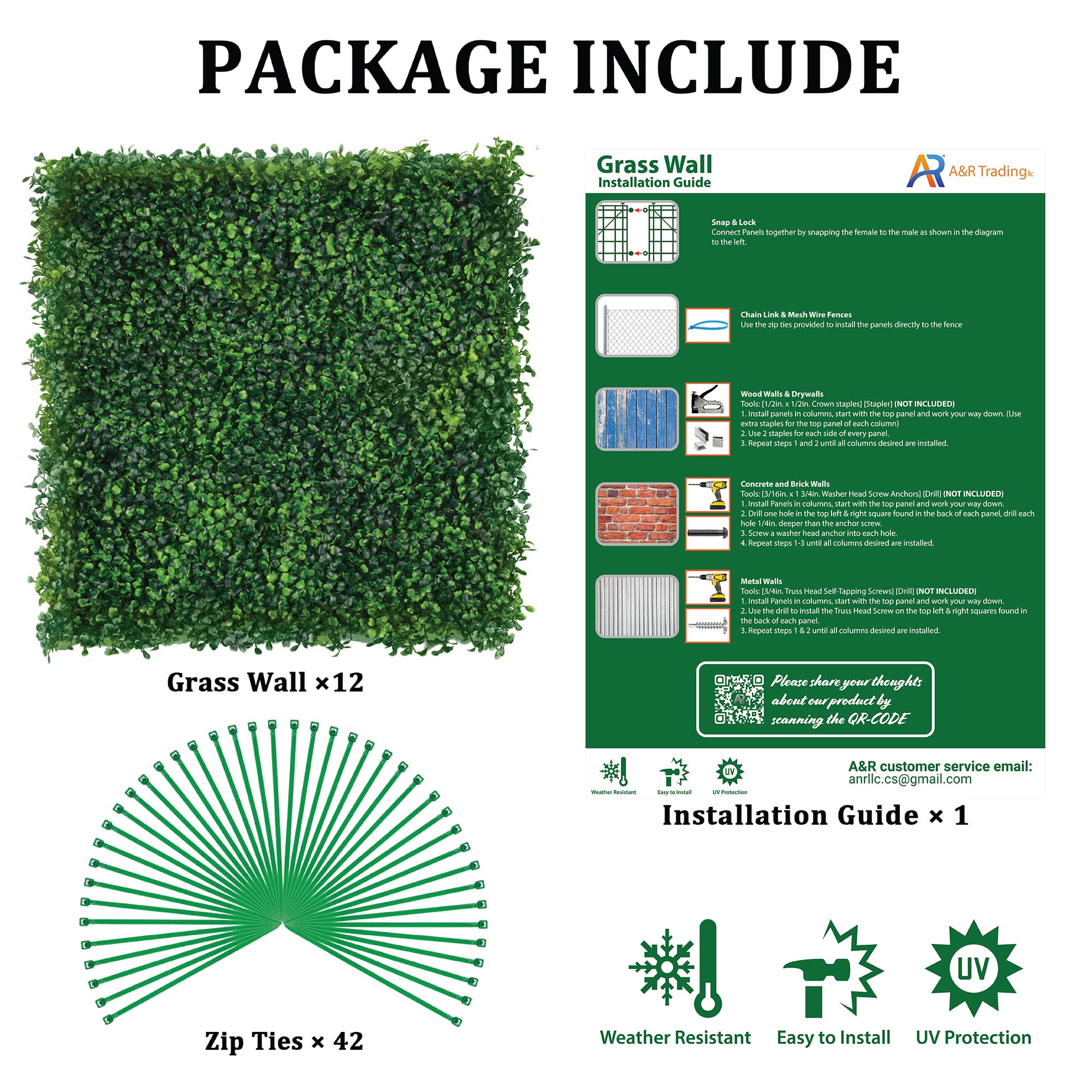 A & R 12 PCS 20"x20" Artificial Grass Wall - UV Protected Boxwood Hedge Wall Panels - Suits for All Decorations