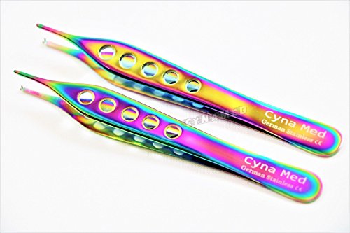 3ea Adson Kocher Tissue Forceps Micro 4.75 Inches 1x2 Teeth German Titanium Rainbow Stainless Steel Dissecting Cynamed