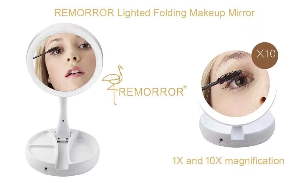Lighted Makeup Mirror,Double Sided 10X Magnifying Mirror,Vanity Mirror with Lights,Smart Design with Brightness$Angle&Height Adjustability,Folding Compact Mirror,LED Mirror for Travel