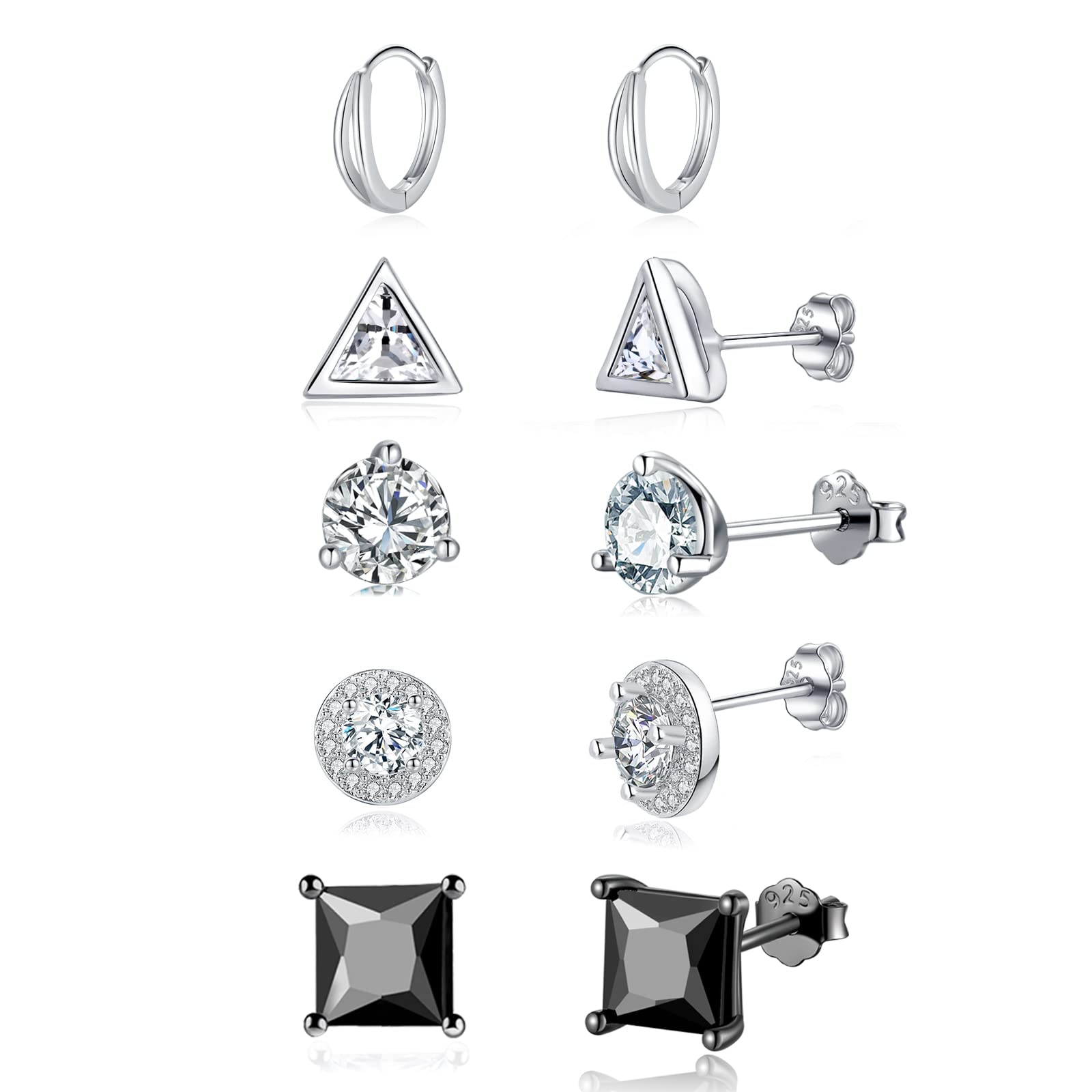 925 Sterling Silver Stud Earrings Set | Round Clear Cubic Zirconia Stud Earrings for Women | 5 Pairs Different Sizes Hypoallergenic Sterling Silver Earring Studs