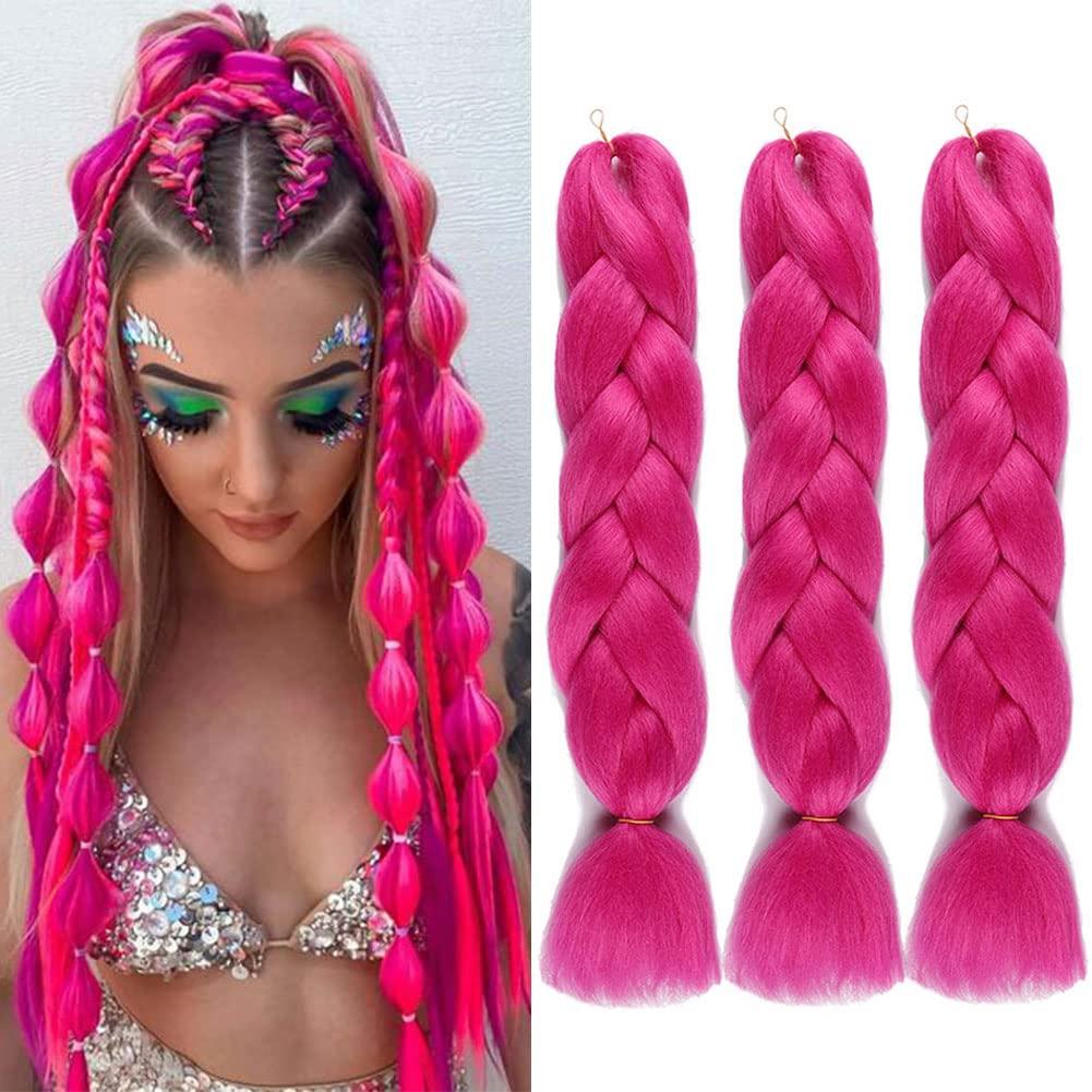Pink Braiding Hair Extension 3pcs/Lot Crochet Jumbo Braids Hair 100g/pc Hot Pink Braids Hair Synthetic Crochet Twist Braid Hair Extension for Box Braids (24Inch,Rosy)